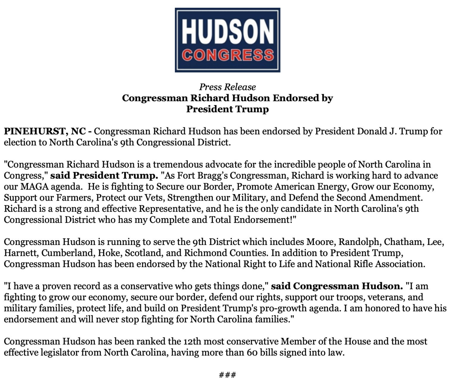 Congressman Richard Hudson Endorsed by President Trump - Richard Hudson ...